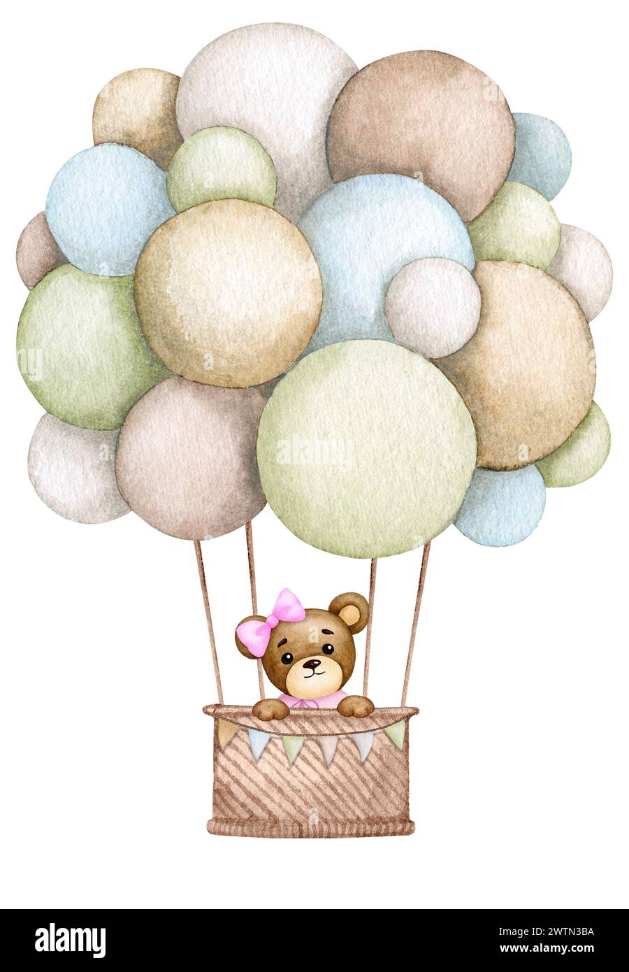 Baby bear in a hot air balloon. Girl. Children's watercolor ...