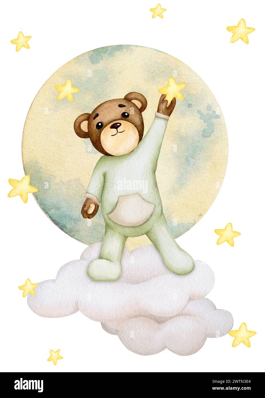 Baby bear cub flies on a cloud against the backdrop of the moon and ...