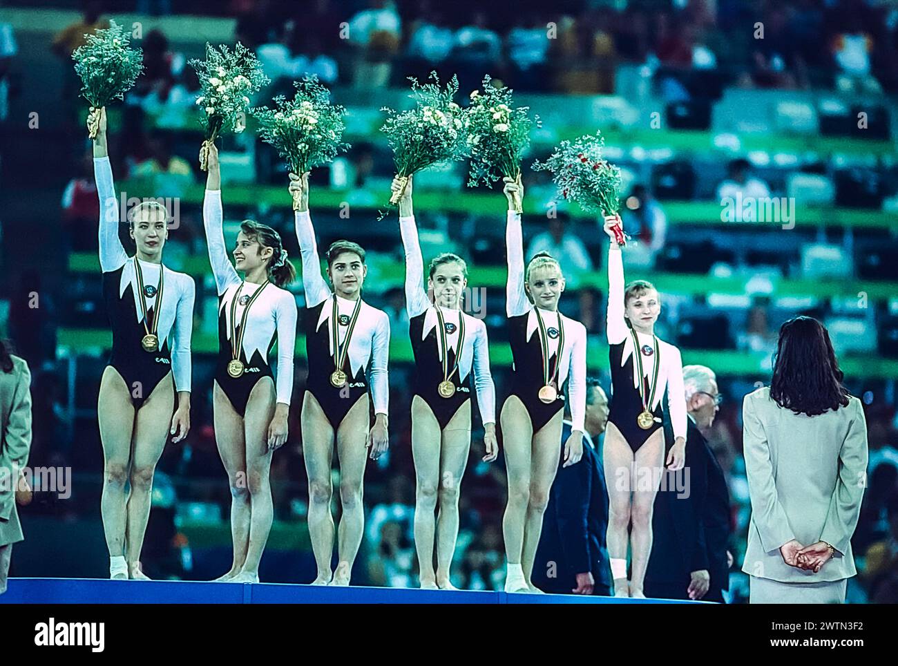 Unified Team gold medal winners in the women's artistic team all-around gymnastics at the 1992 ...