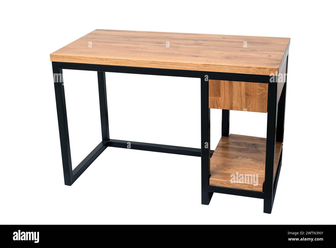 Front view of empty modern computer desk made of wood and steel ...