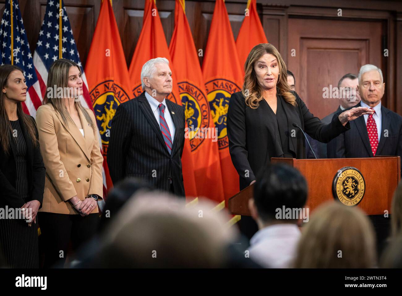 Caitlyn Jenner speaks at a press conference, Monday, March 18, 2024, in ...