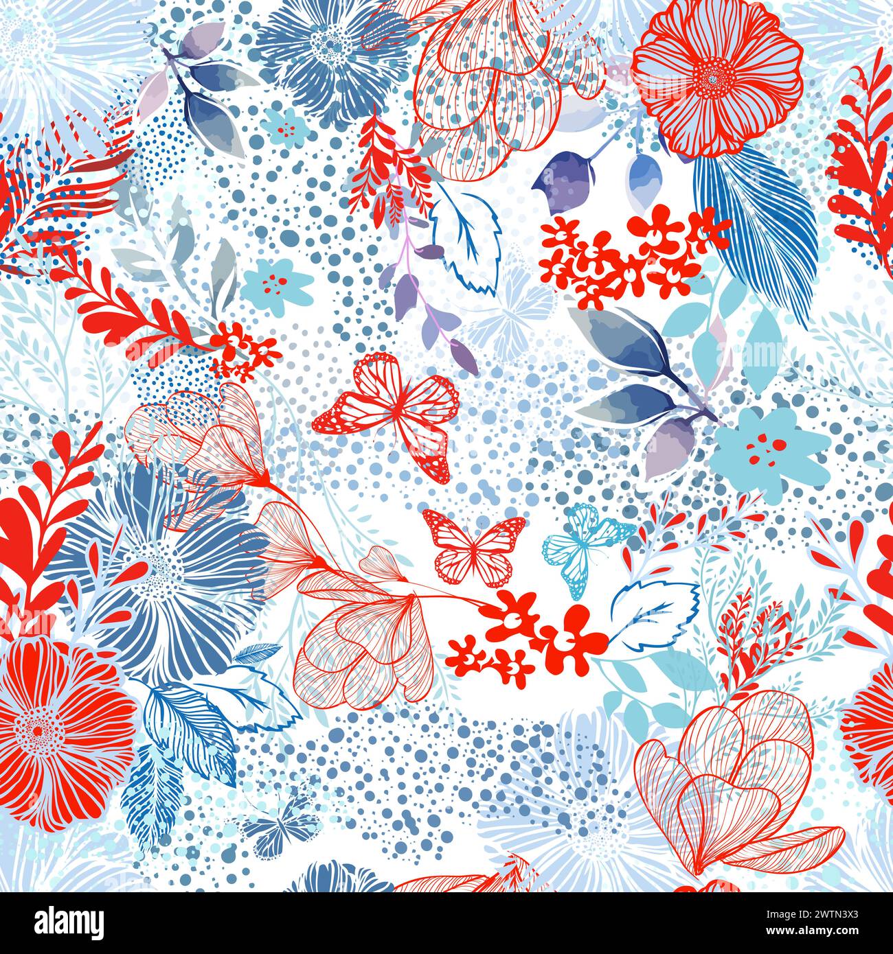 Graphic seamless background with red and blue flowers. hand drawing ...