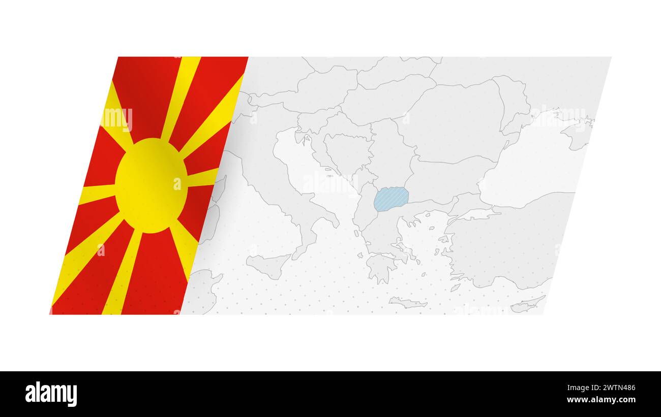 North Macedonia map in modern style with flag of North Macedonia on left side. Vector ...