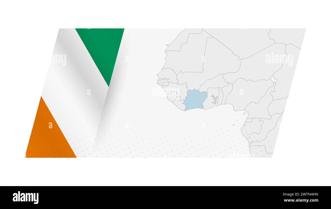 Ivory Coast map in modern style with flag of Ivory Coast on left side. Vector illustration of a ...