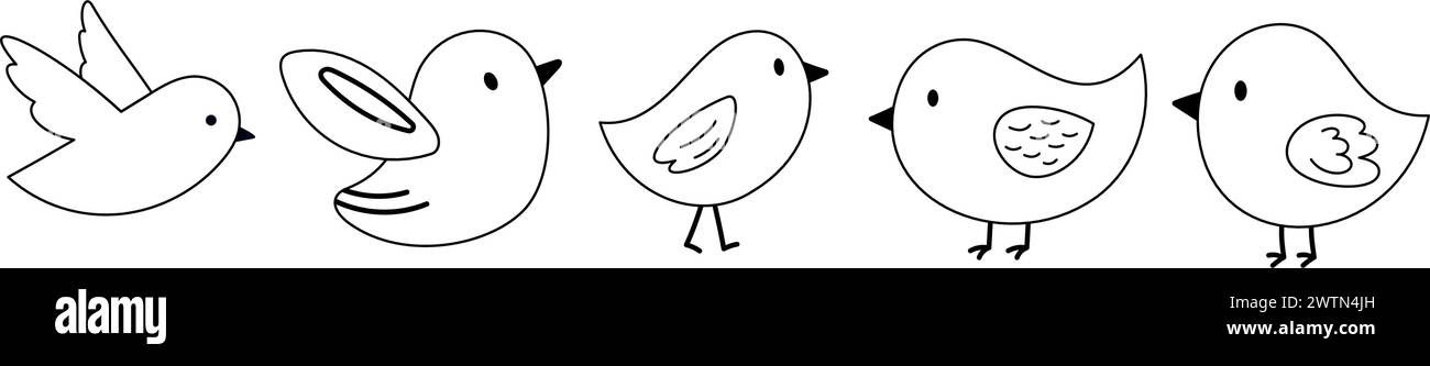 Set of spring birds outline sketch. Charming doodle line art characters ...