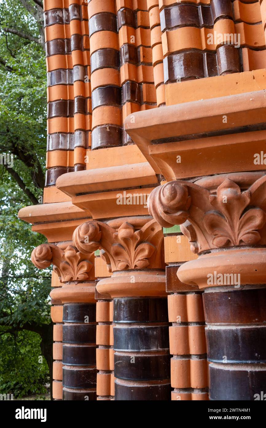 Ornate facade details, made of brick tiles, of the Church of Visitation ...