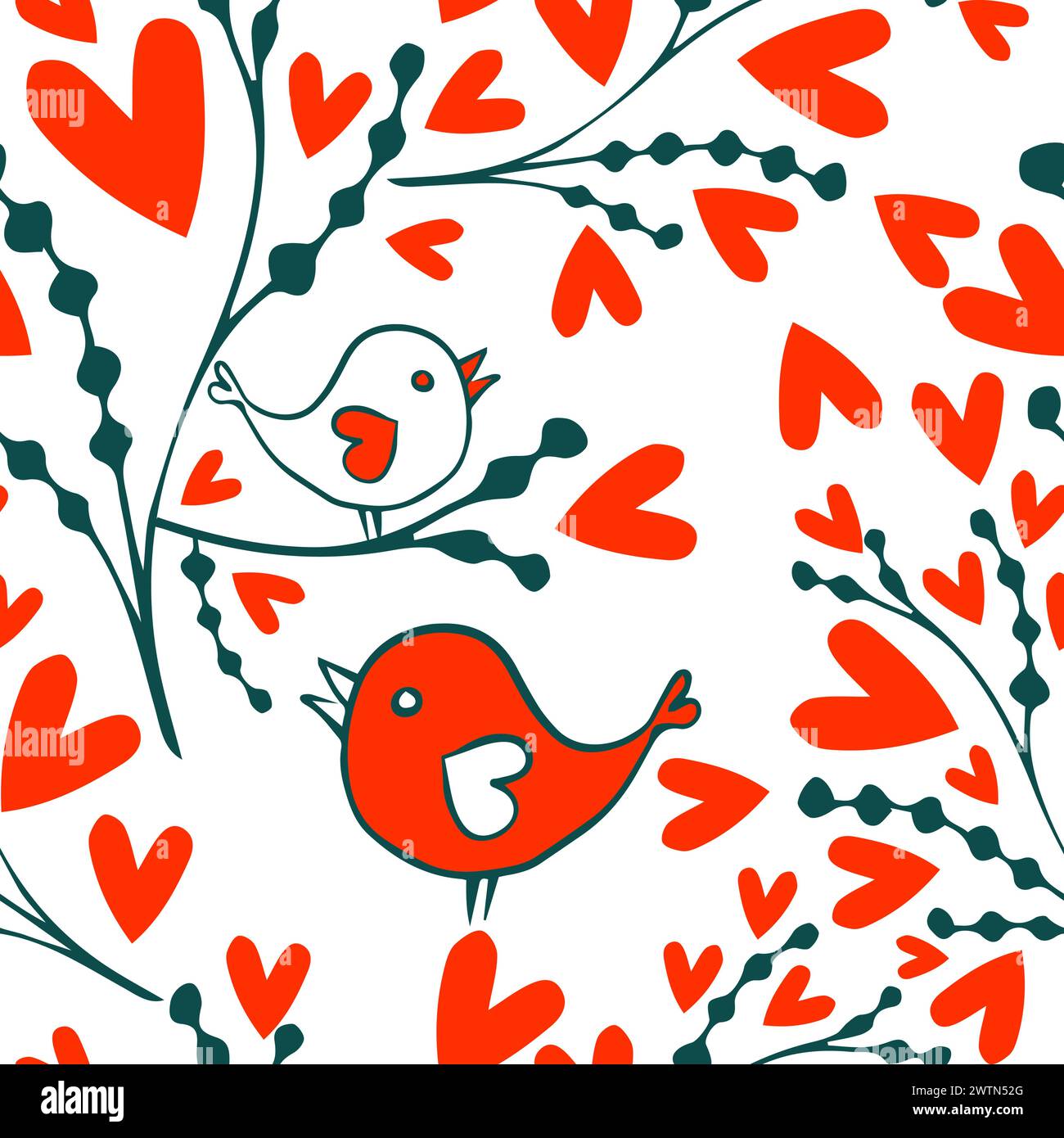 Hearts with birds seamless pattern. Romantic seamless background. hand ...