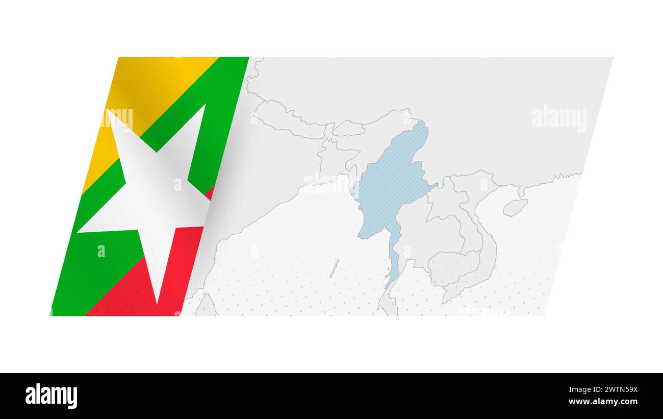 Myanmar map in modern style with flag of Myanmar on left side. Vector illustration of a map ...