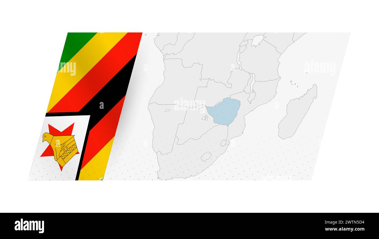Zimbabwe map in modern style with flag of Zimbabwe on left side. Vector illustration of a map ...