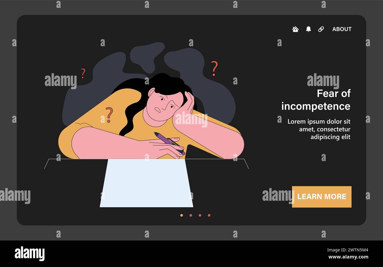 Fear of incompetence dark or night mode web, landing. Confused ...