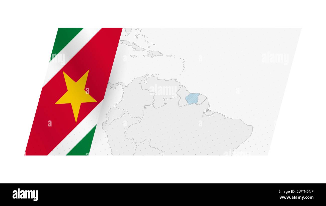 Suriname map in modern style with flag of Suriname on left side. Vector illustration of a map ...
