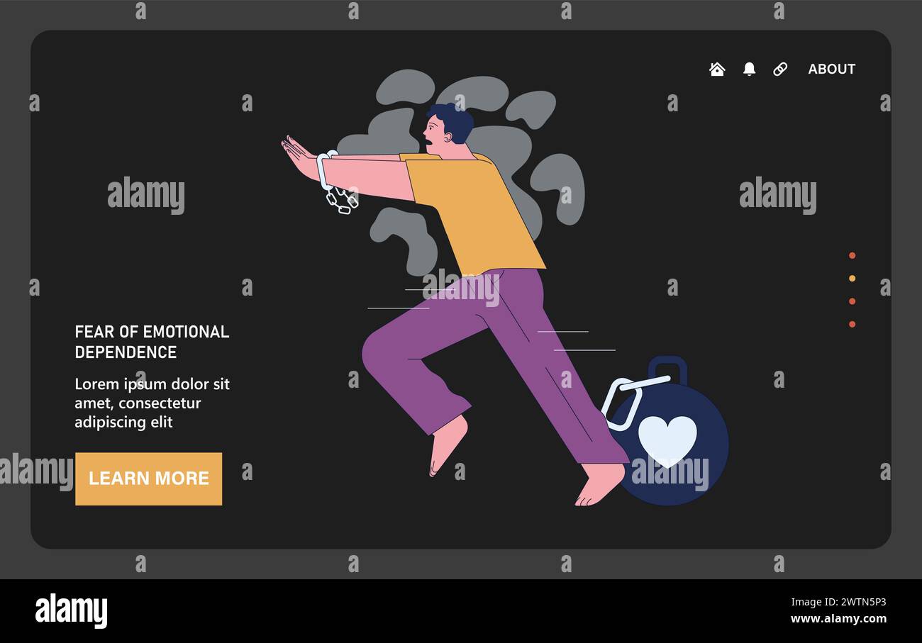 Fear of emotional connection web or landing dark or night mode. Young ...