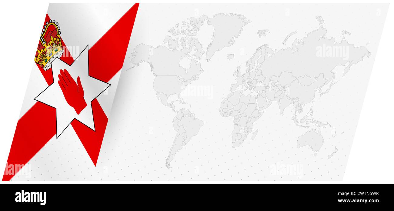 World map in modern style with flag of Northern Ireland on left side ...
