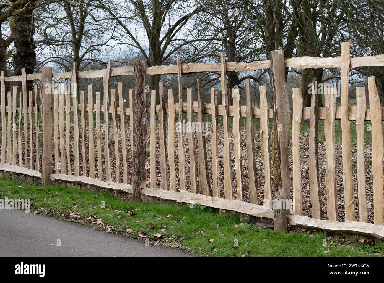 Split oak fencing, Charlecote, Warwickshire, England, UK Stock Photo ...