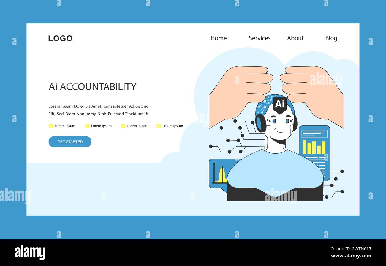 AI ethics web or landing. Hands oversee a neural network brain ...