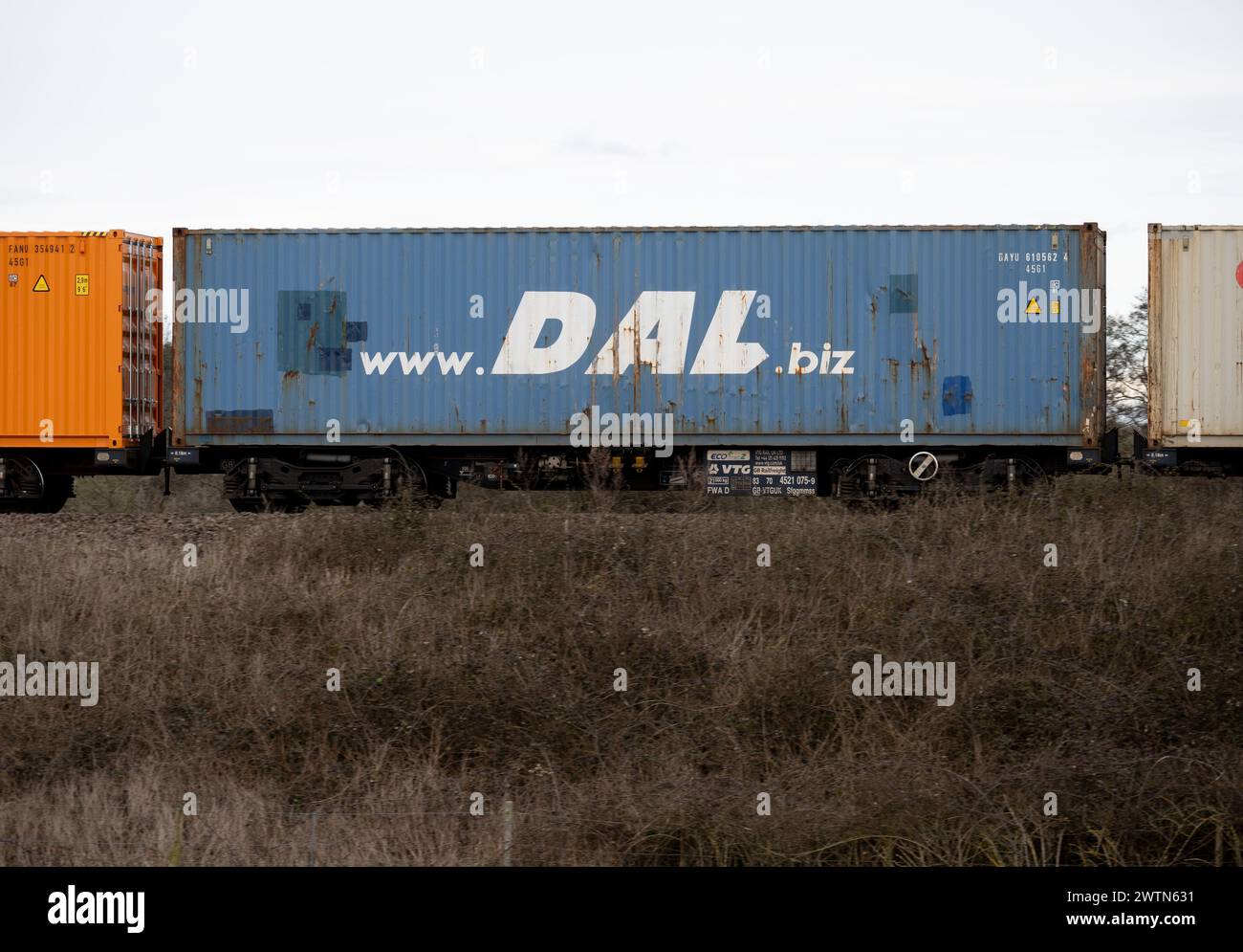 DAL shipping container on a freightliner train, Warwickshire, UK Stock ...