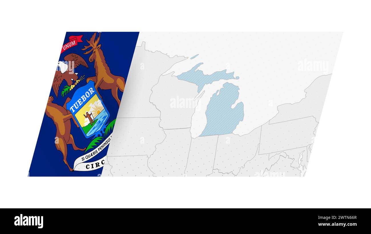 Michigan map in modern style with flag of Michigan on left side. Vector ...