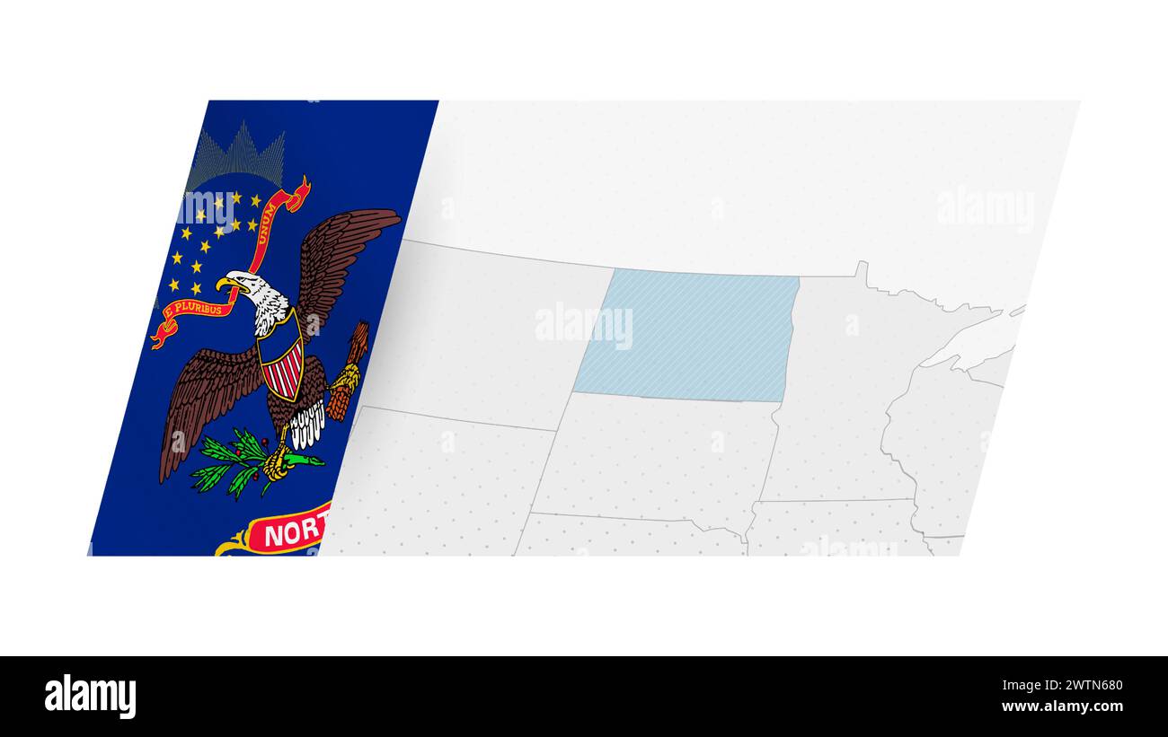 North Dakota map in modern style with flag of North Dakota on left side ...