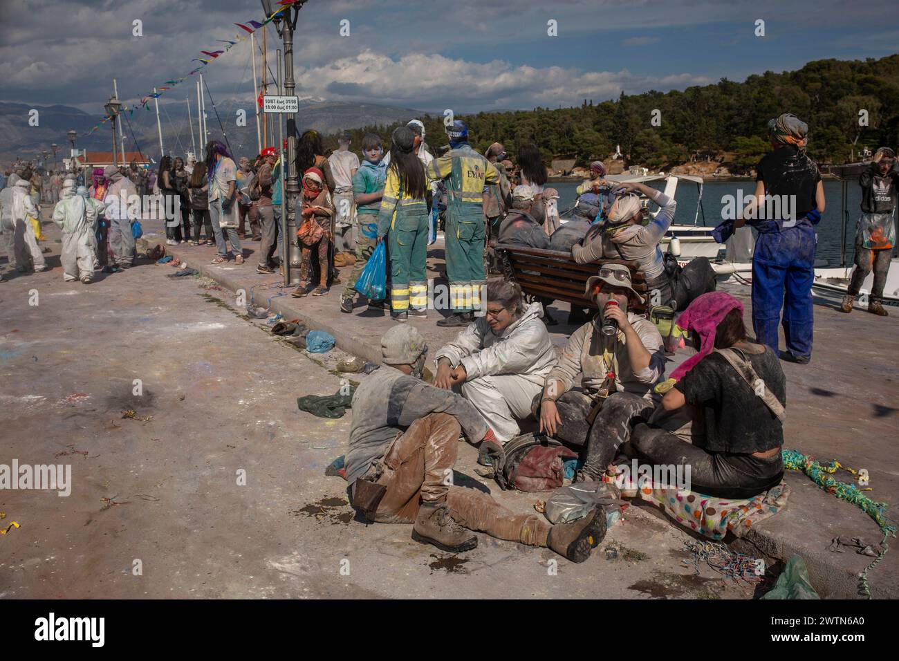 Galaxidi, Greece. 18th Mar, 2024. Revelers take part in the "Flour War ...