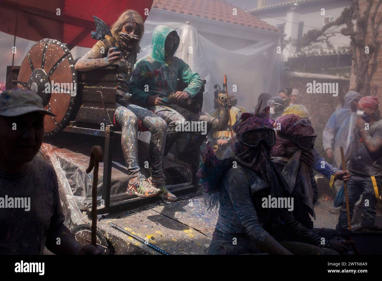 Galaxidi, Greece. 18th Mar, 2024. Revelers take part in the "Flour War ...