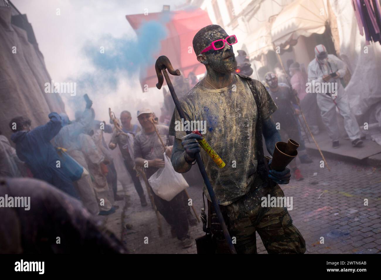 Galaxidi, Greece. 18th Mar, 2024. Revelers take part in the "Flour War ...