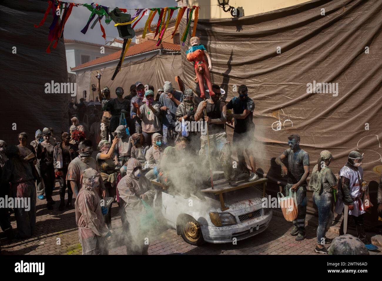 Galaxidi, Greece. 18th Mar, 2024. Revelers take part in the "Flour War ...