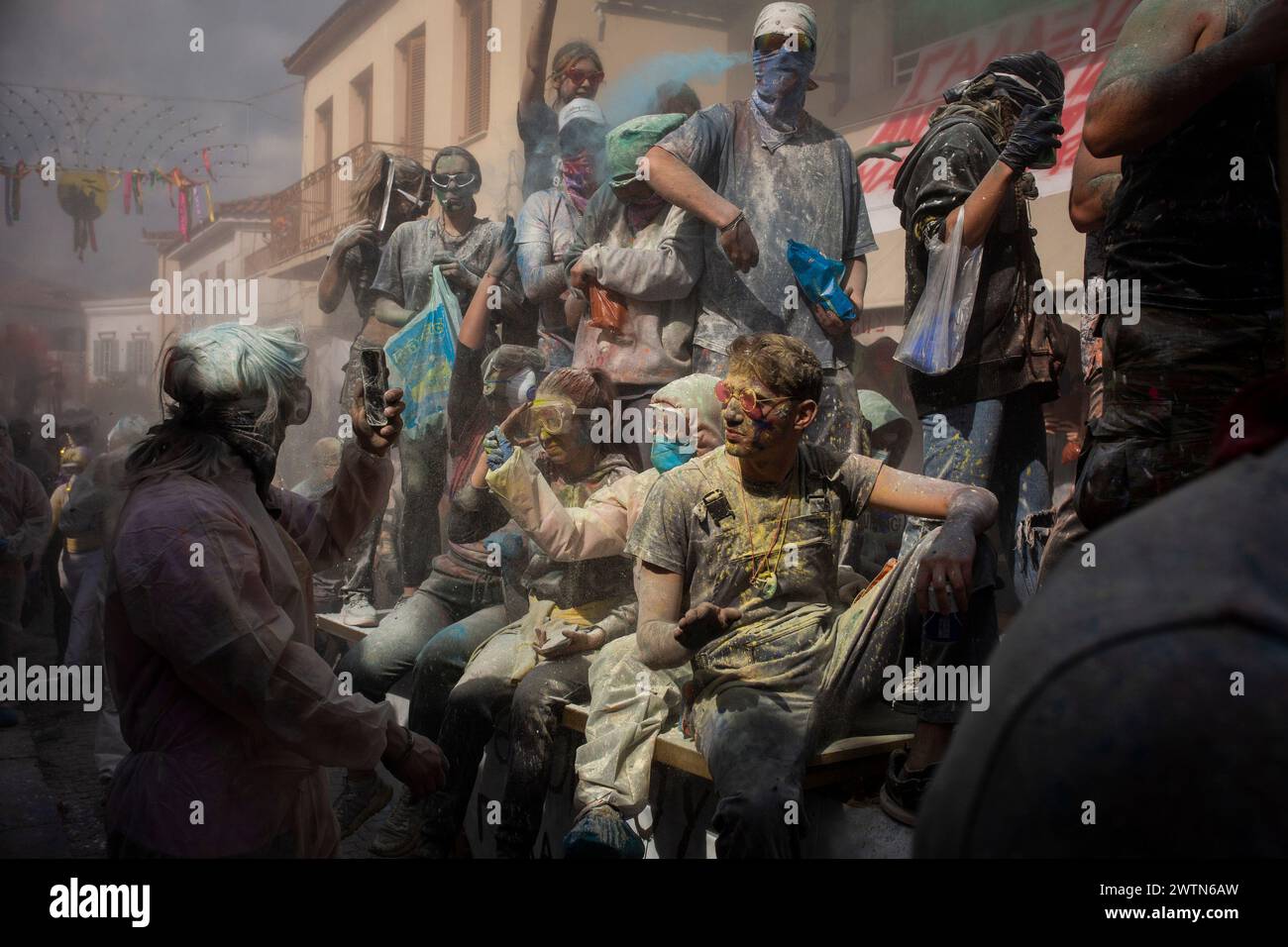 Galaxidi, Greece. 18th Mar, 2024. Revelers take part in the "Flour War ...