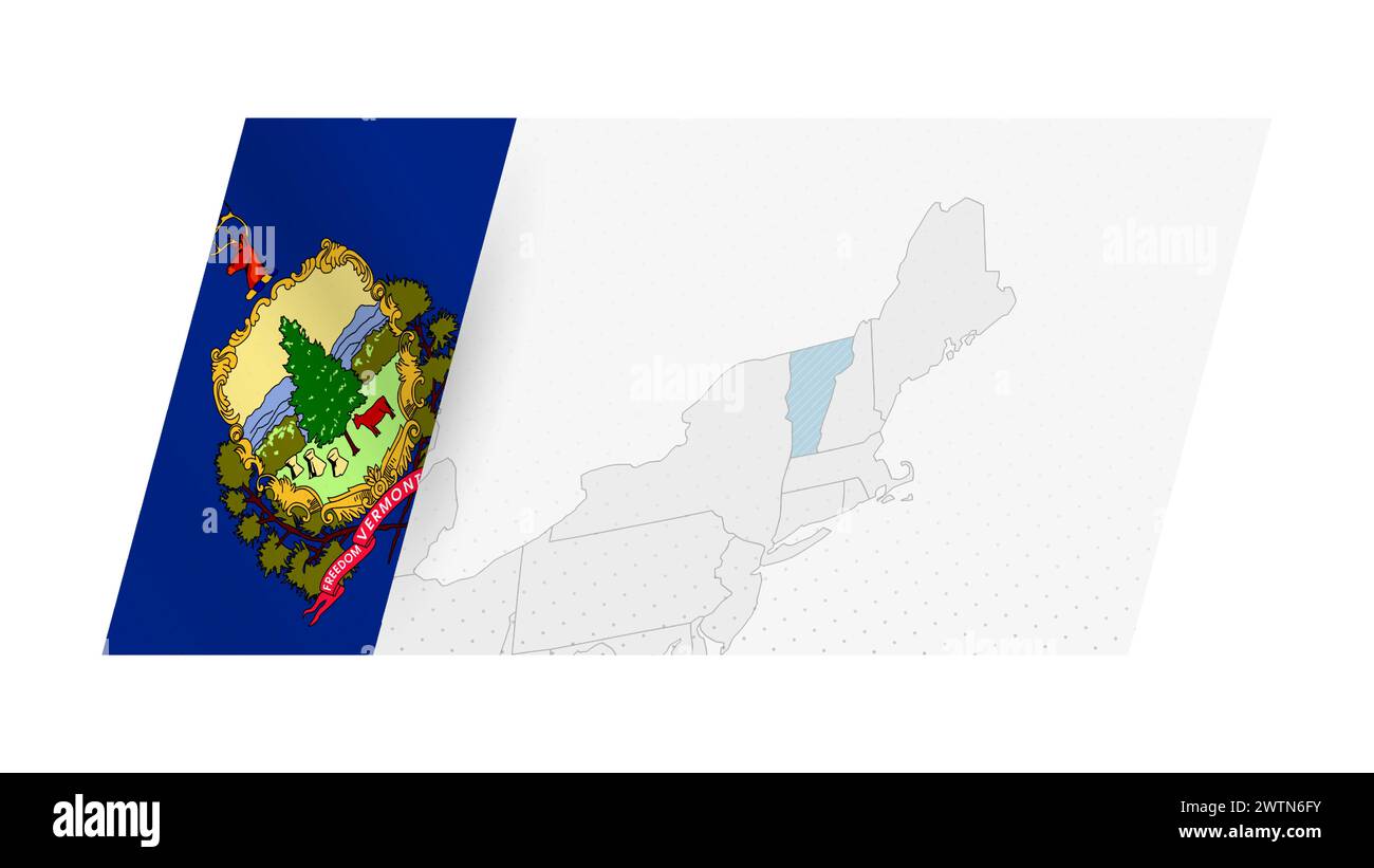 Vermont map in modern style with flag of Vermont on left side. Vector ...