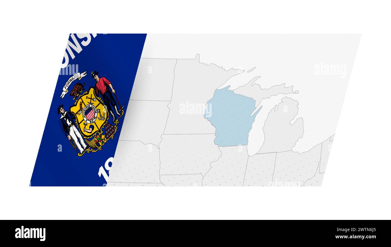 Wisconsin map in modern style with flag of Wisconsin on left side ...