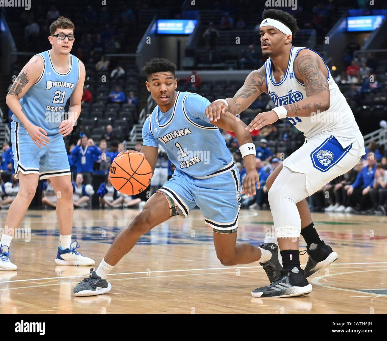 ST. LOUIS, MO - MARCH 10: Indiana State guard Julian Larry (1) drives ...