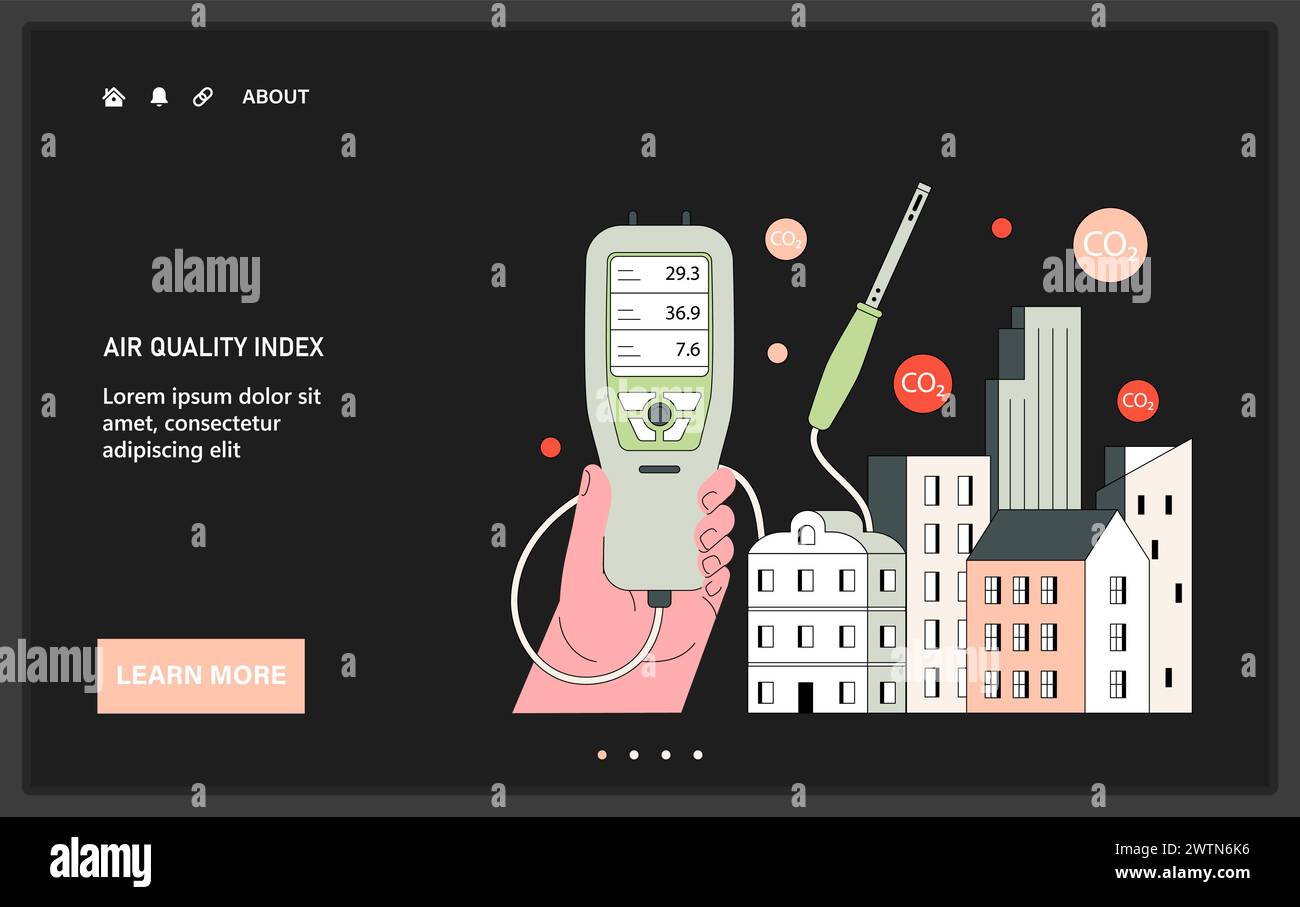 Air quality index dark or night mode web, landing. Handheld device ...