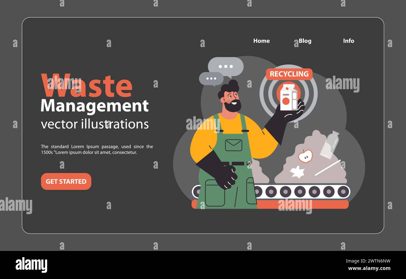 Worker showcases a recycling app while sorting trash on a conveyor ...