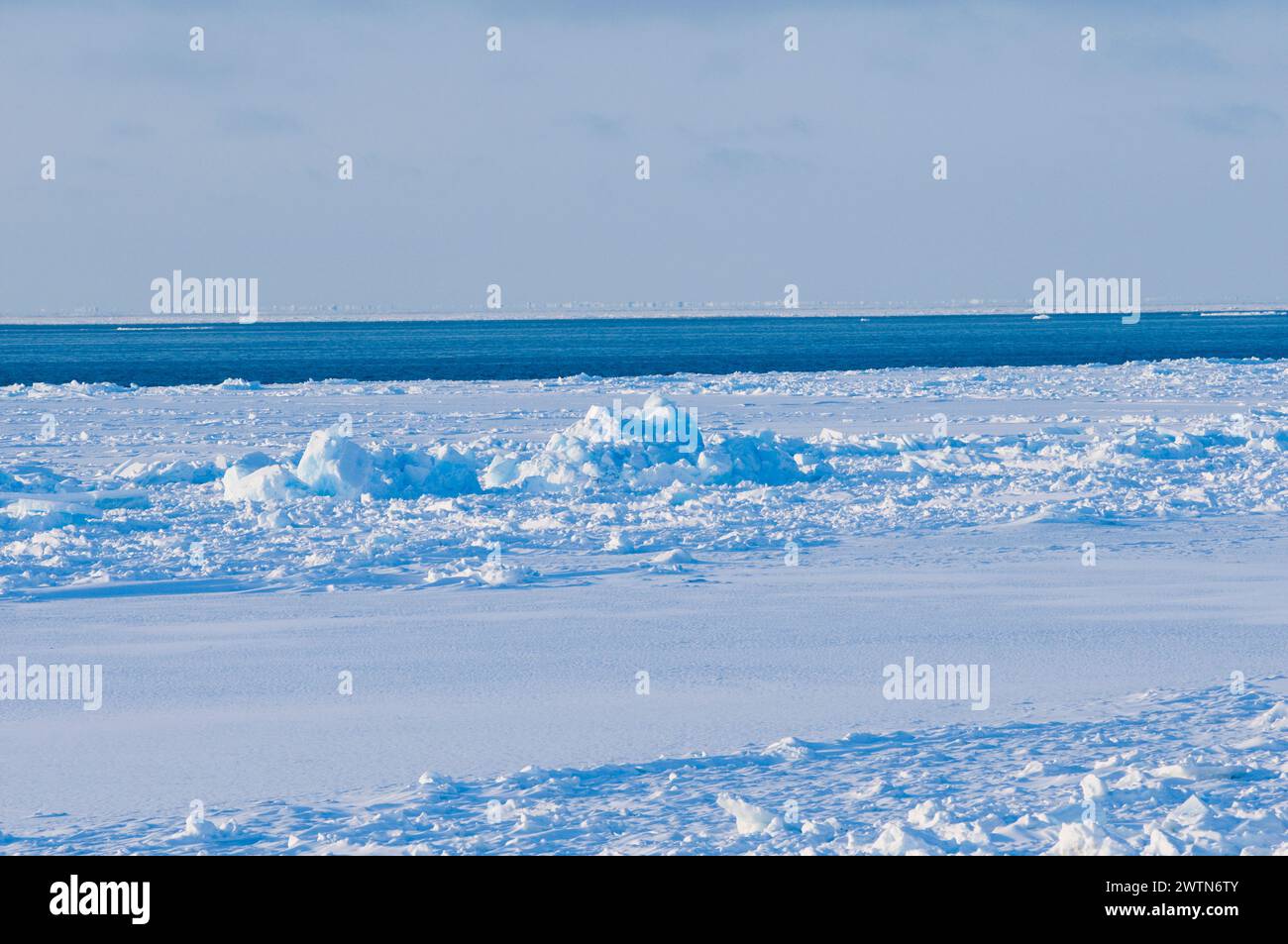 Seascape of rough pack ice over the Chukchi sea in springtime, off ...