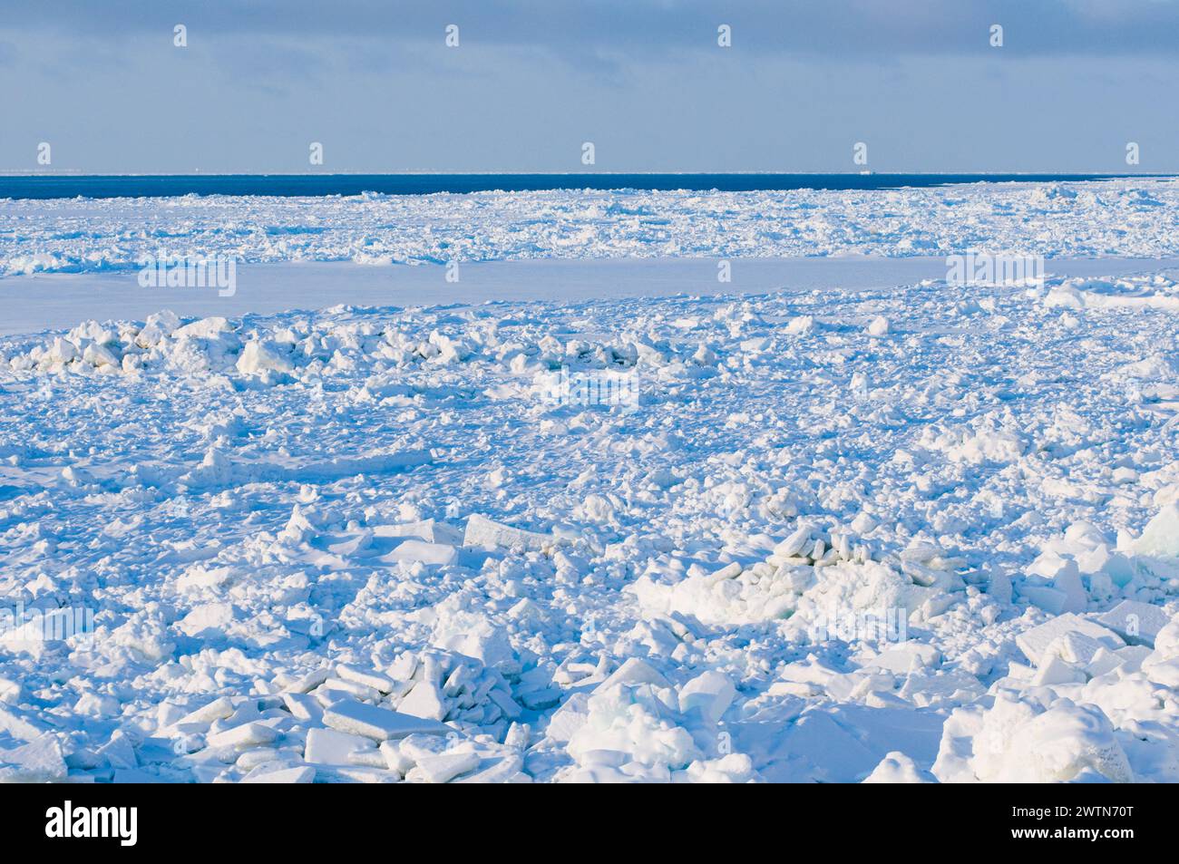 Seascape of rough pack ice over the Chukchi sea in springtime, off ...