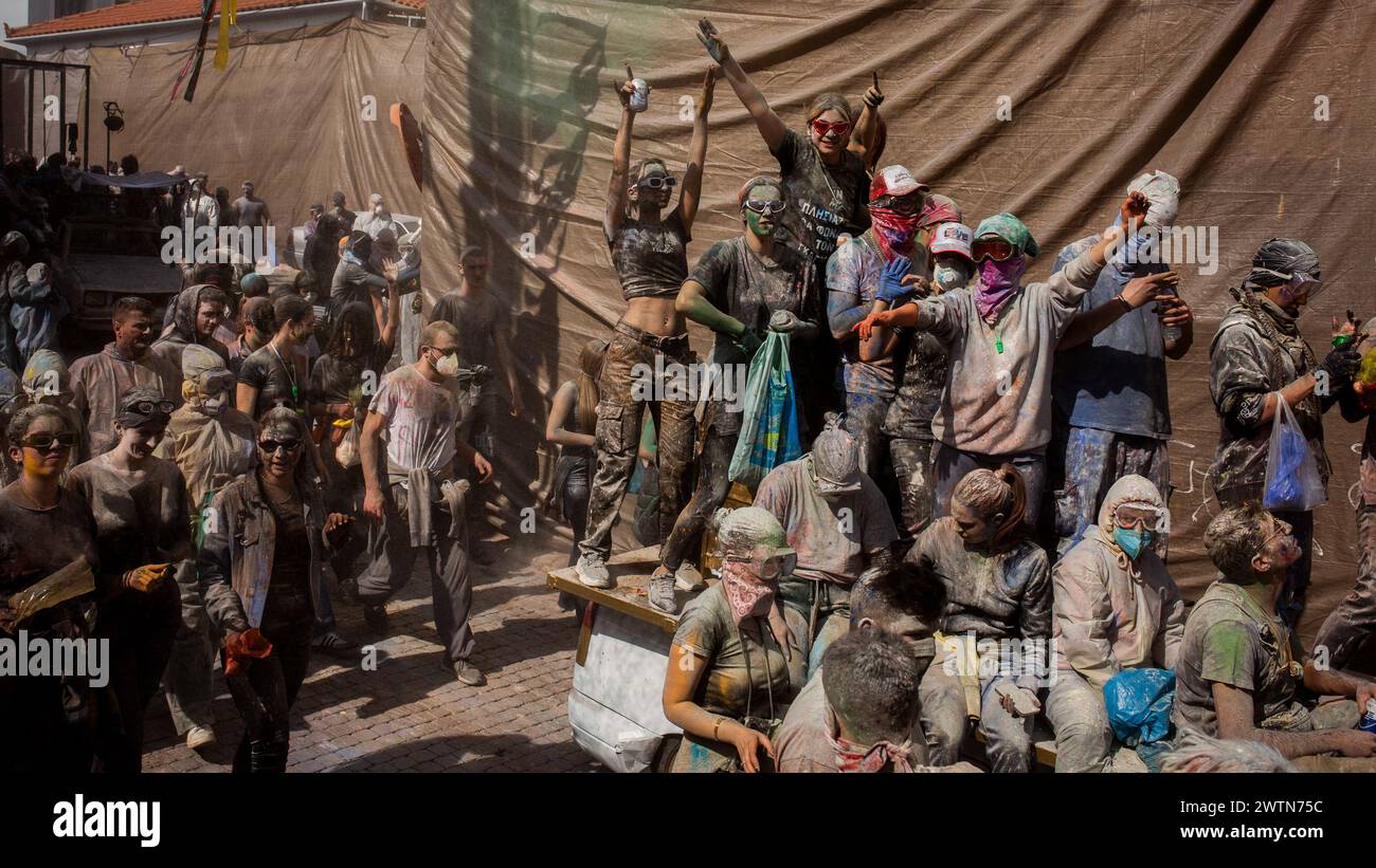Galaxidi, Greece. 18th Mar, 2024. Revelers take part in the "Flour War ...