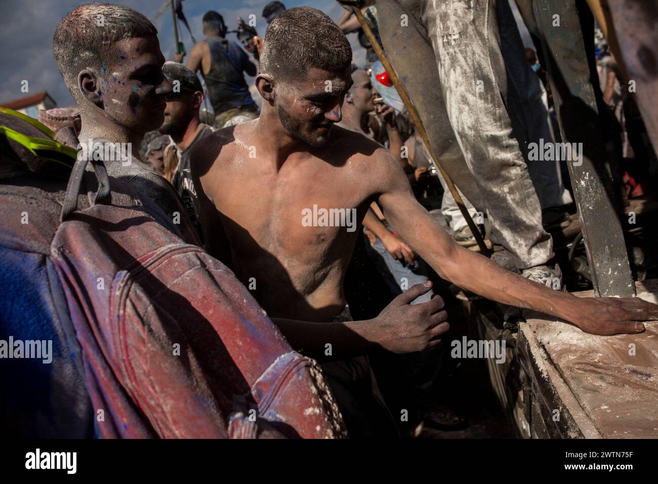 Galaxidi, Greece. 18th Mar, 2024. Revelers take part in the "Flour War ...