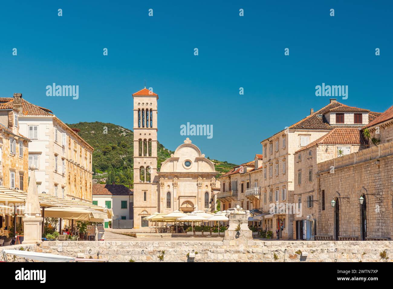 Main square Pjaca in old medieval town Hvar with Cathedral of St ...