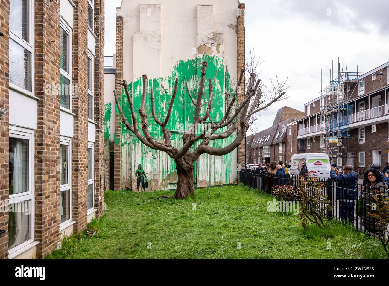 Banksy Tree artwork and street art at Christie Court, Hornsey Road ...
