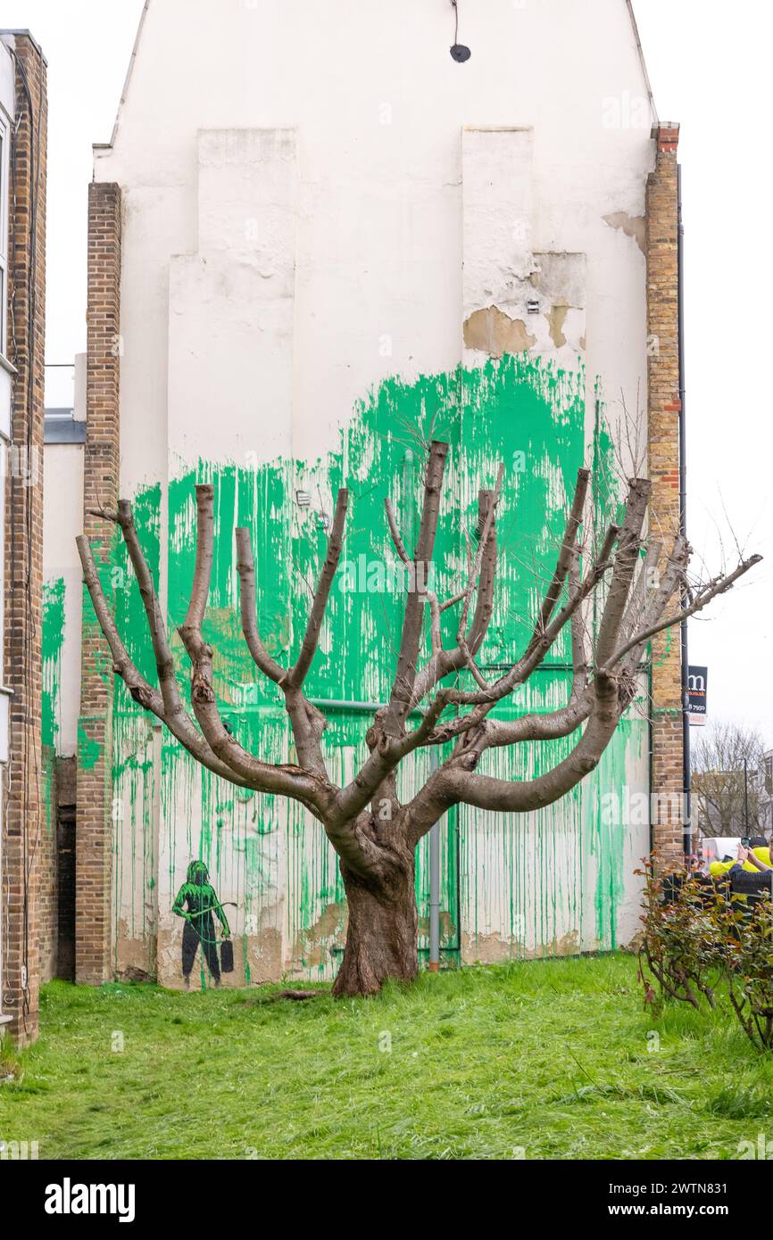 Banksy Tree artwork and street art at Christie Court, Hornsey Road ...