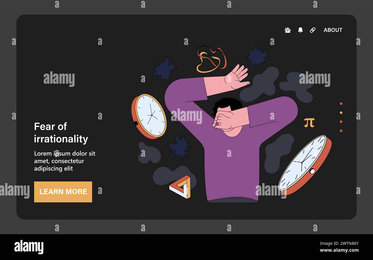 Human fear of irrationality dark or night mode web, landing. A person ...