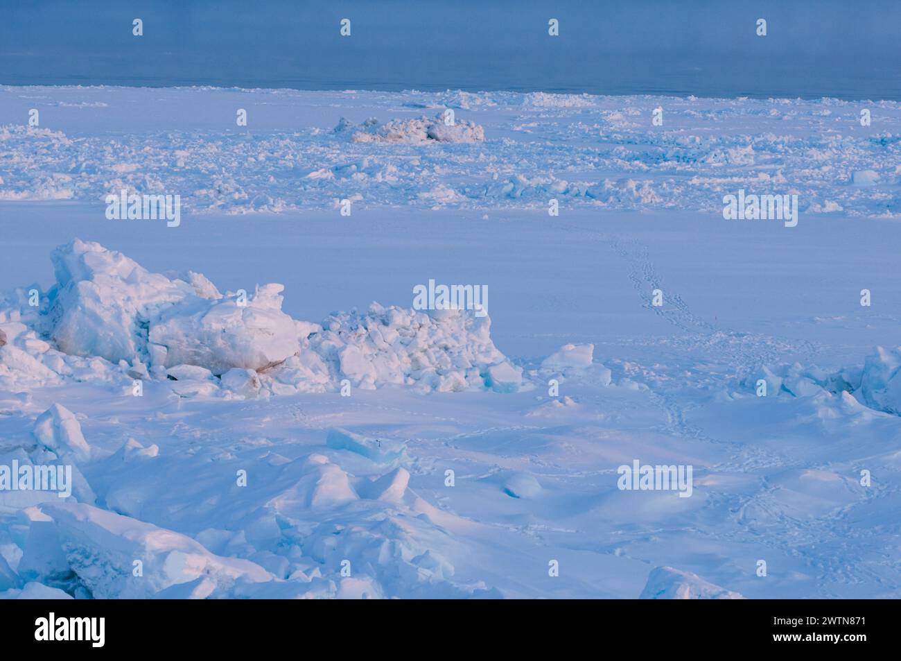 Seascape of rough pack ice over the Chukchi sea in springtime, off ...