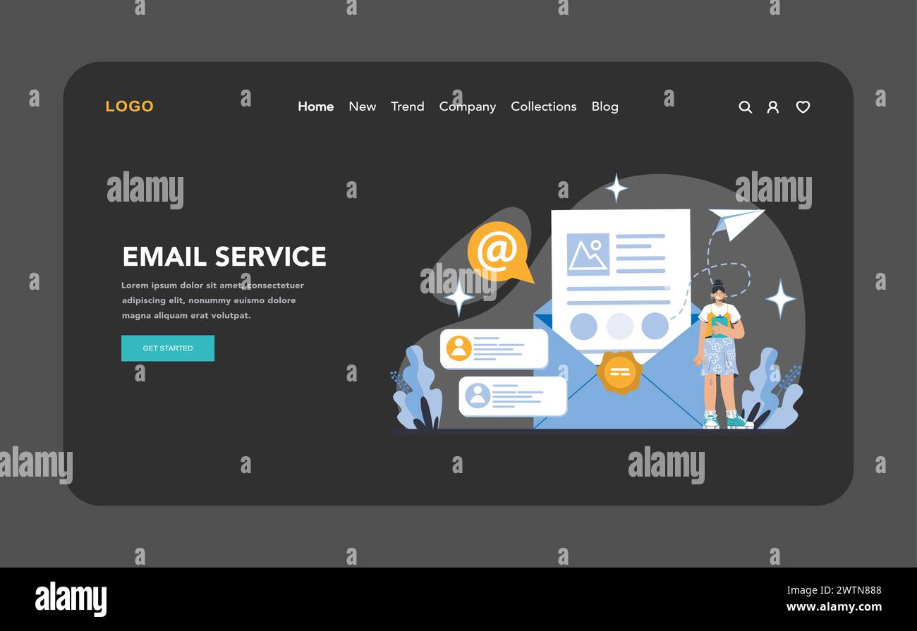 Email Service night or dark mode web or landing page. Seamless digital ...