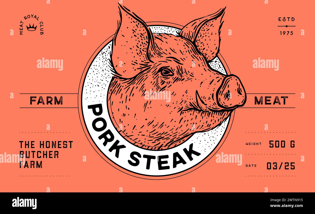 Pork, pig, hog, head, meat tag label. Template Meat Tag Label. Vintage ...