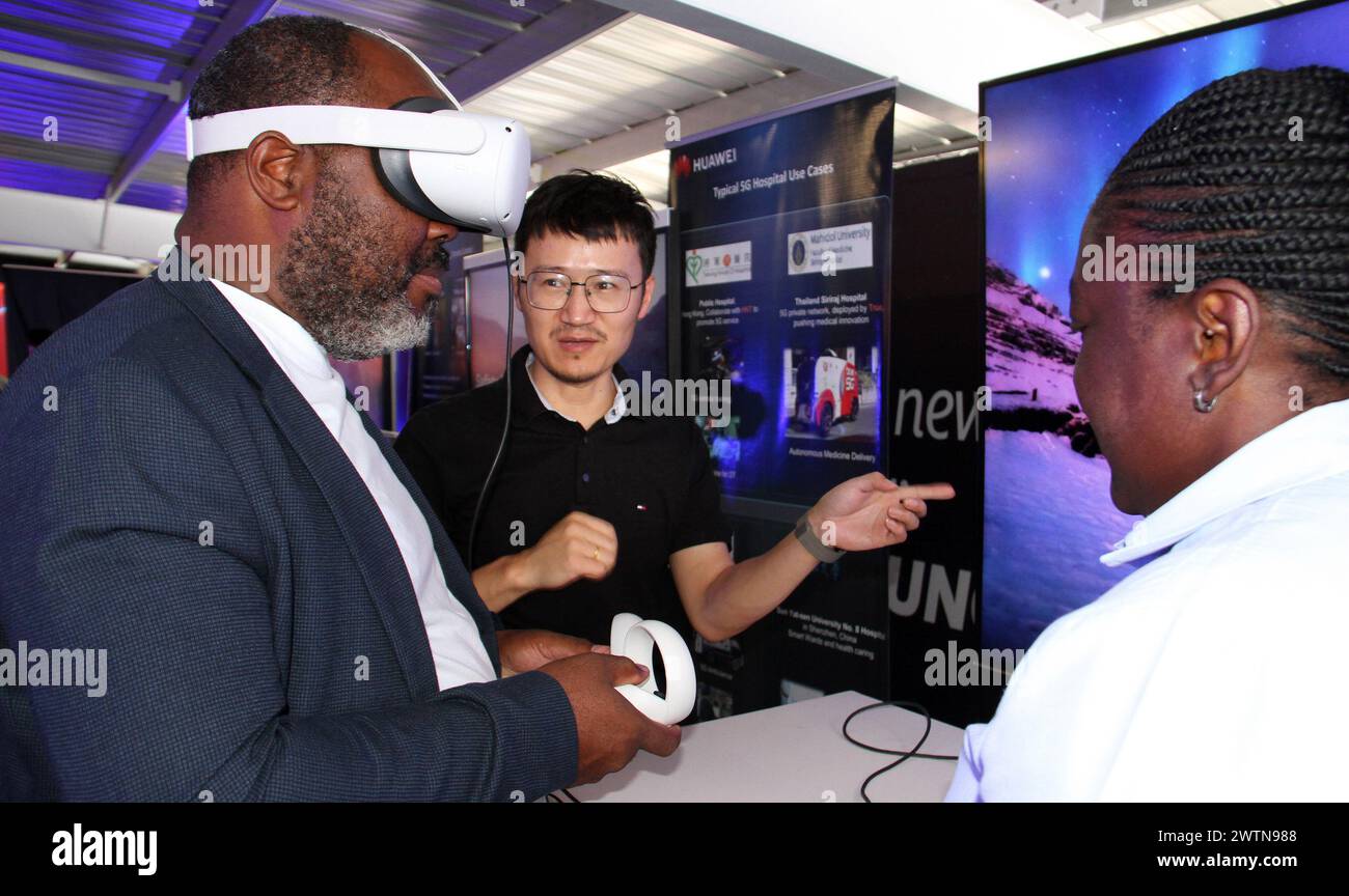 Windhoek, Namibia. 18th Mar, 2024. A man tries on a VR headset during a ...