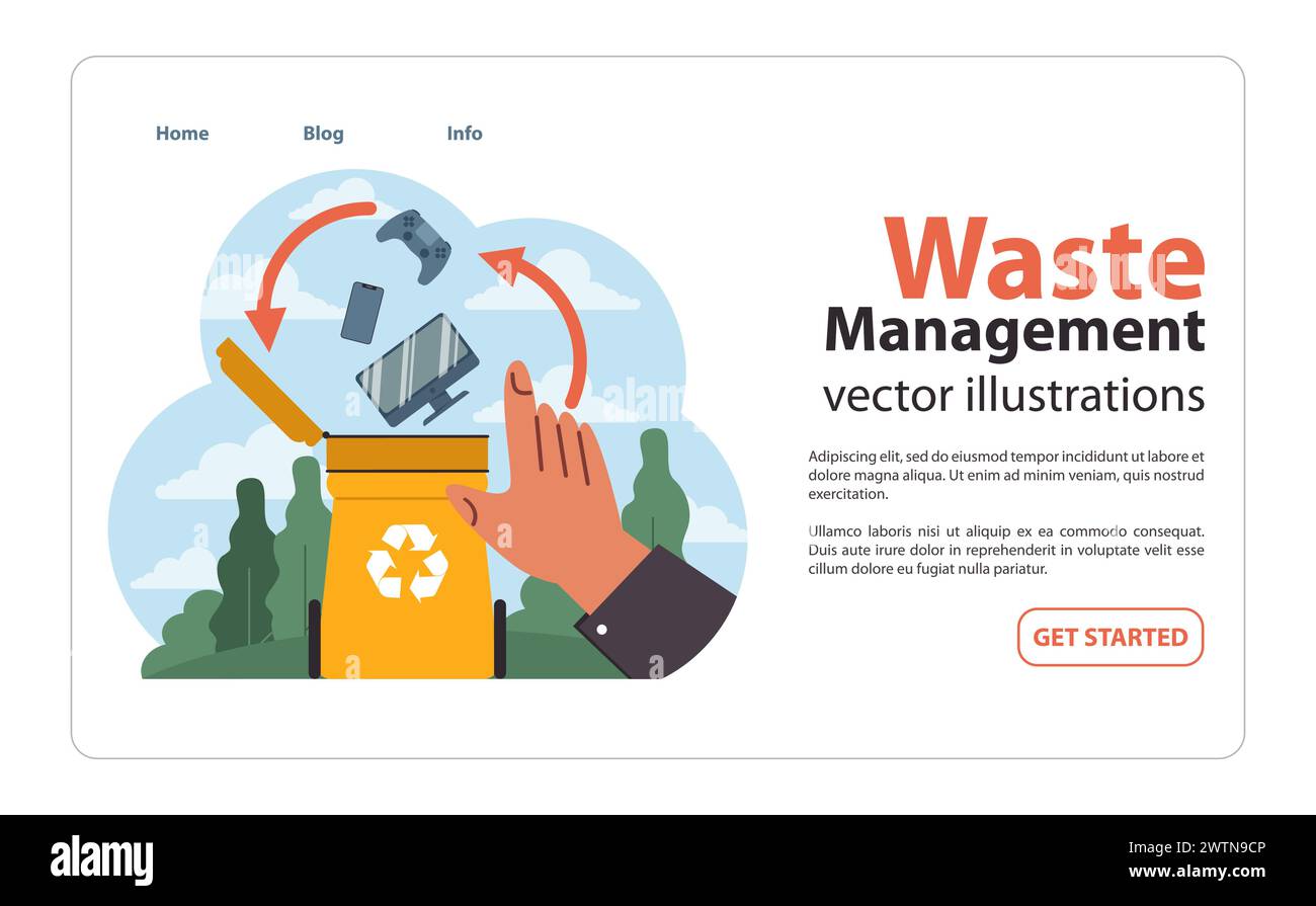 E-waste recycling initiative. A hand places electronic devices like ...