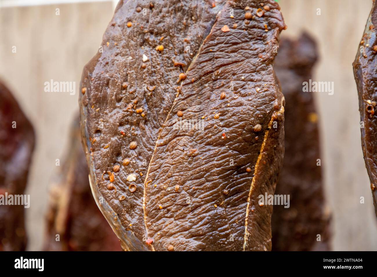 Close up on a piece of raw rump that is spiced and ready to dry and ...