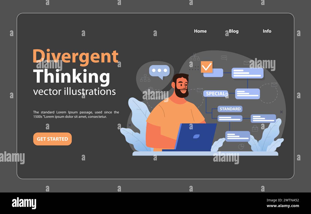 Divergent thinking concept. Man at laptop navigates decision pathways ...