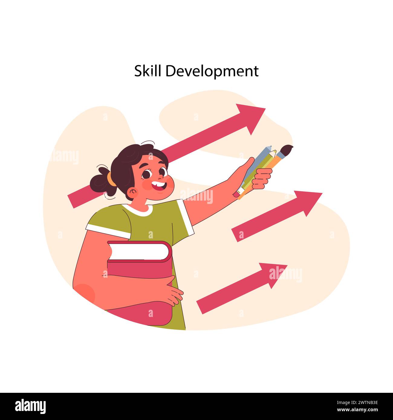 Skill Development concept. A cheerful student with books harnesses the ...