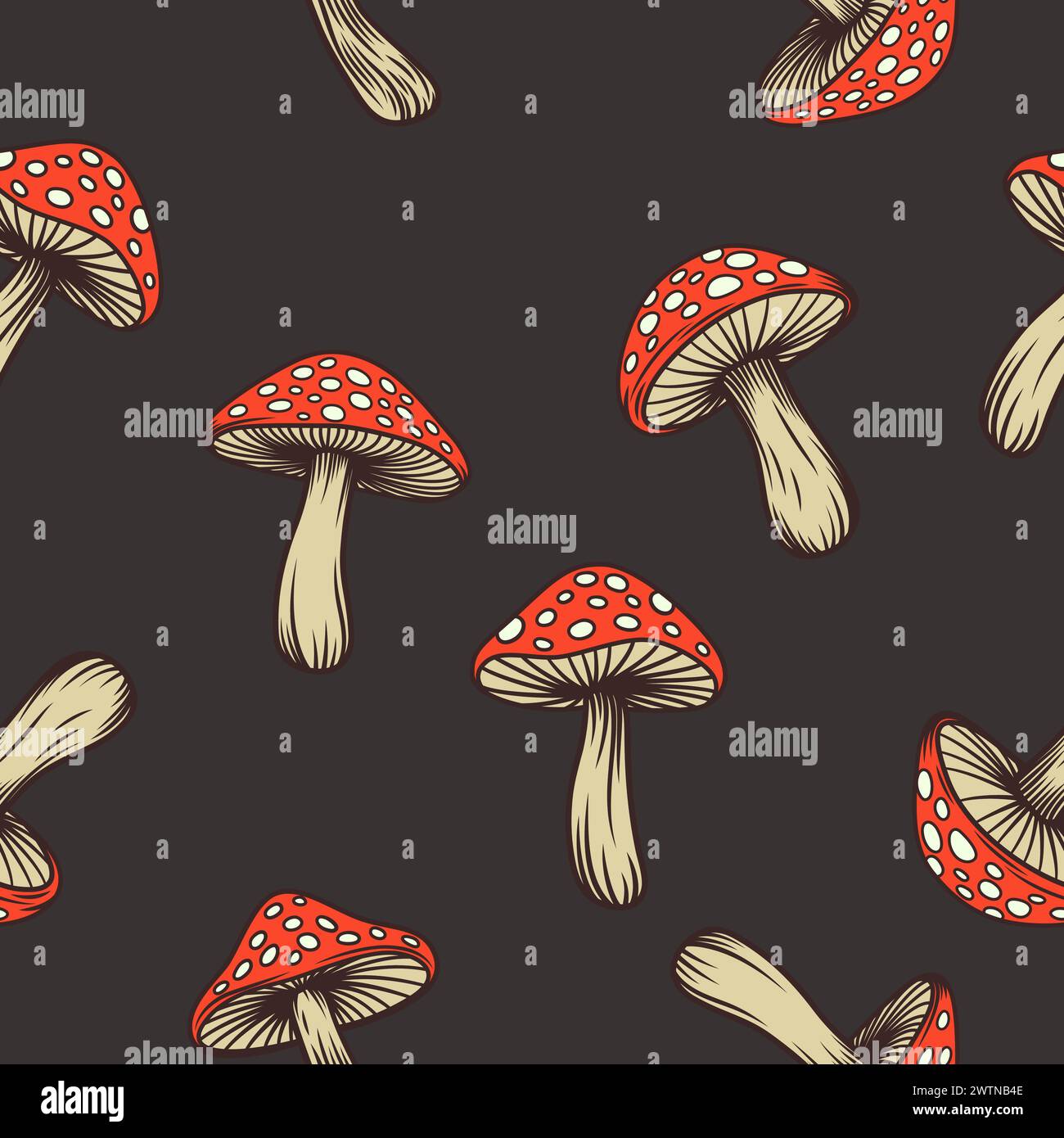 Vector Seamless Pattern with Hand Drawn Cartoon Mushrooms on a Black ...
