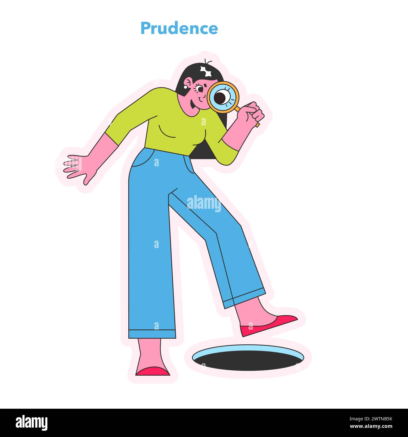 Prudence concept. Cautious character with magnifying glass avoiding ...